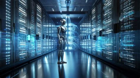 sleek ai robot standing in front of server array glowing lights data
