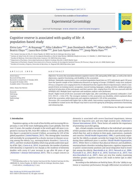 Cognitive Reserve Is Associated With Quality Of Life A Population Based