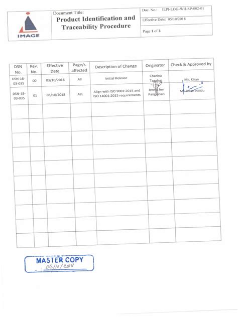 Ilpi Log Wh Sp 002 01product Identification And Traceability Procedure