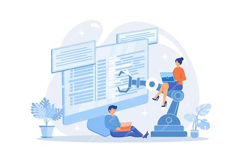 Premium Vector Developer At Laptop And Computer With Open Robotic