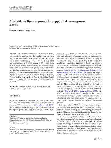 pdf a hybrid intelligent approach for supply chain management system