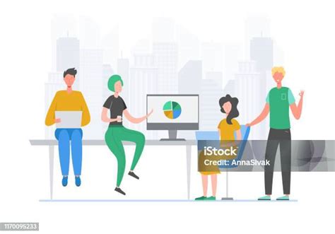 비즈니스 미팅 팀워크 개념 노트북사업가와 여성 캐릭터 브레인 스토밍 토론 아이디어를 의사 소통 하는 동료 문자 벡터 플랫 만화