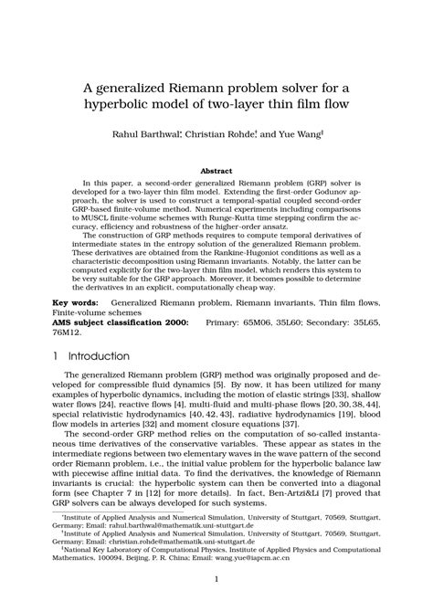 PDF A Generalized Riemann Problem Solver For A Hyperbolic Model Of Two Layer Thin Film Flow