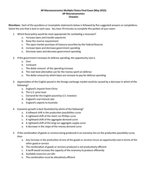 Final Exam May 2015 Multiple Choice - AP Macroeconomics Multiple Choice Final Exam (May 2015) AP ...