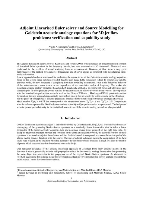 Pdf Adjoint Linearised Euler Solver And Source Modelling For Goldstein Acoustic Analogy