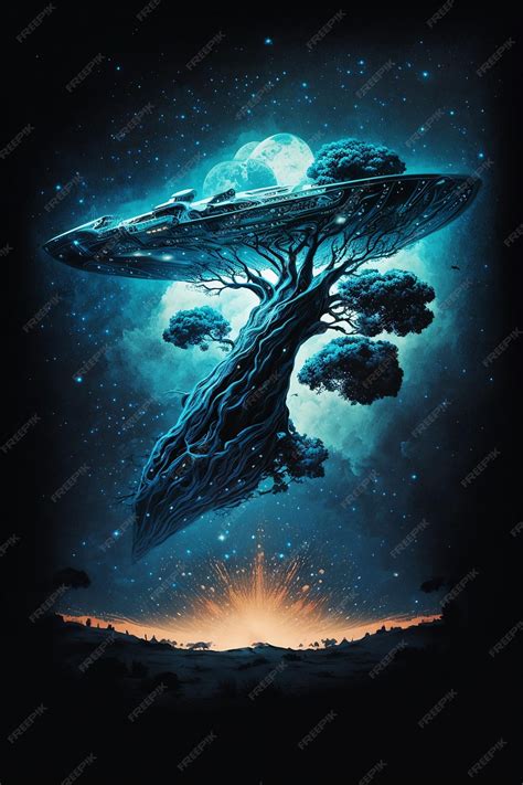 Premium Photo Blue Fantastic Spaceship Tree In Space
