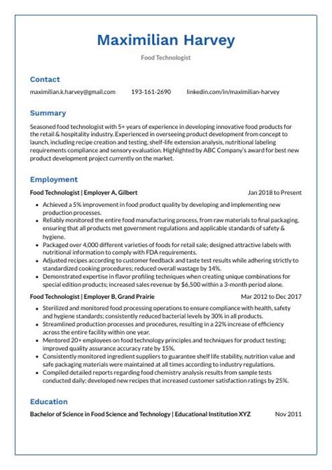 Food Technologist Resume Cv Example And Writing Guide