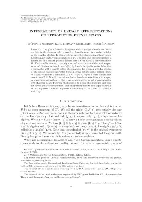 Pdf Integrability Of Unitary Representations On Reproducing Kernel