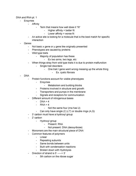 Dna And Rna Lecture Notes On Dna And Rna Dr Ashmore Dna And Rna Pt 1 Enzymes Affinity
