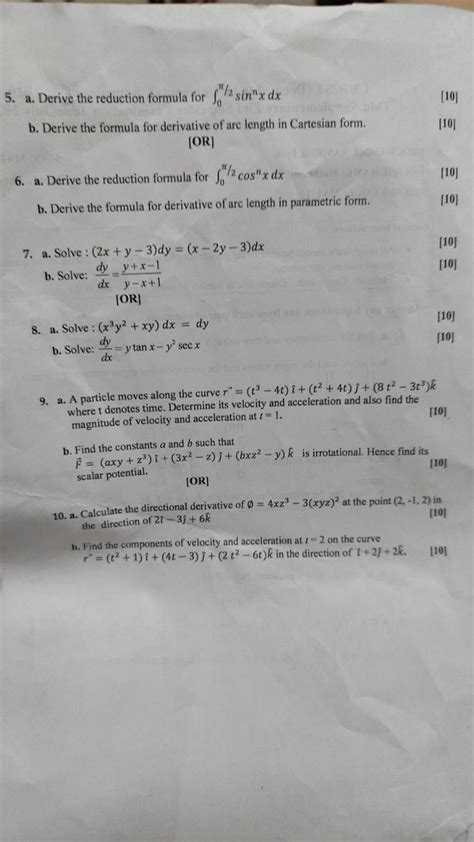 5 A Derive The Reduction Formula For ∫0π 2 Sinnxdx [10] B Derive The F