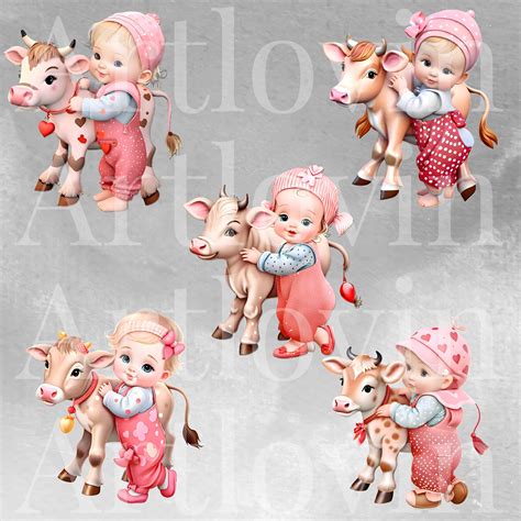 Digital Clipart Cute Girls With Cow Etsy