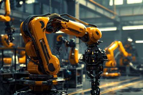 A Powerful Yellow Industrial Robot Arm In An Advanced Manufacturing Plant Demonstrating
