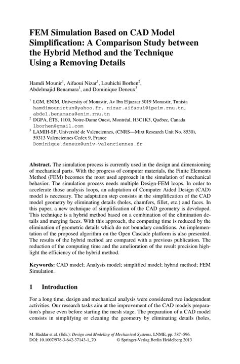 PDF FEM Simulation Based On CAD Model Simplification A Comparison Study Between The Hybrid