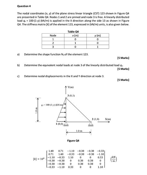 question 4 the nodal coordinates x y of the plane stress linear