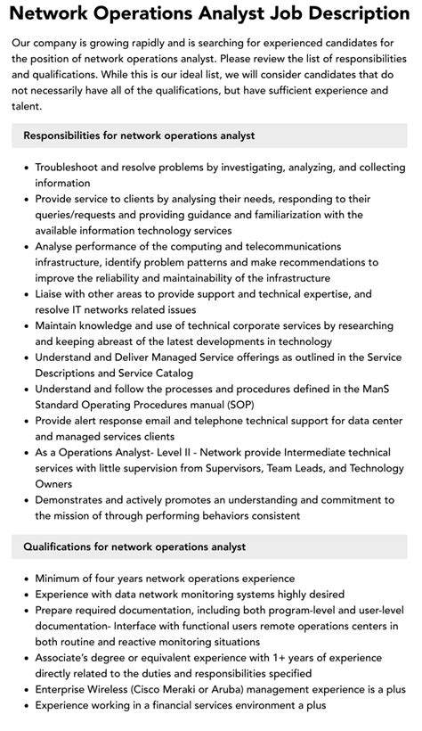 Network Operations Analyst Job Description Velvet Jobs