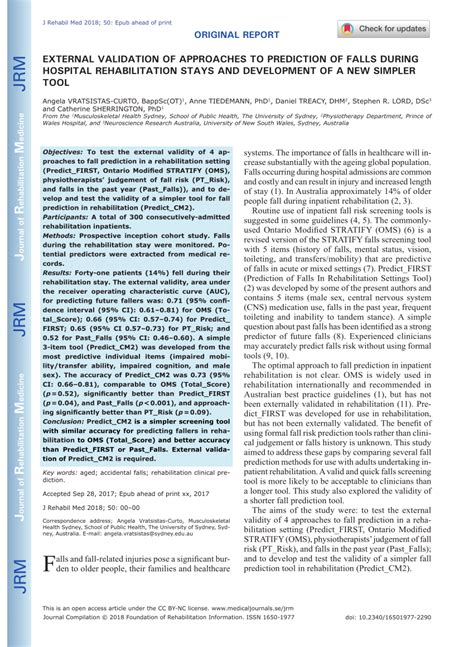 Pdf External Validation Of Approaches To Prediction Of Falls During