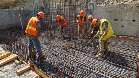 Construction Workers Assembling Rebar Grid On Concrete Foundation Stock Illustration