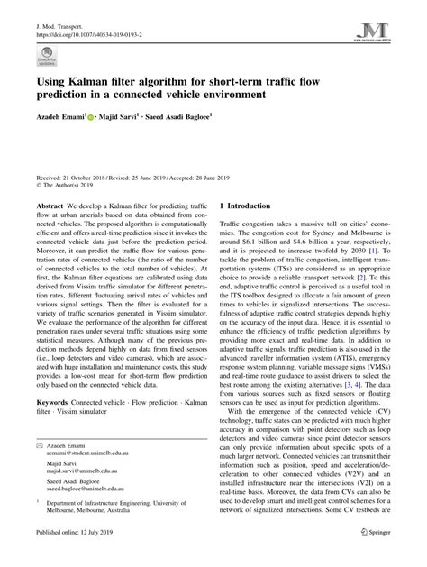 Pdf Using Kalman Filter Algorithm For Short Term Traffic Flow