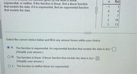 Solved Exponential Or Neither If The Function Is Linear Chegg