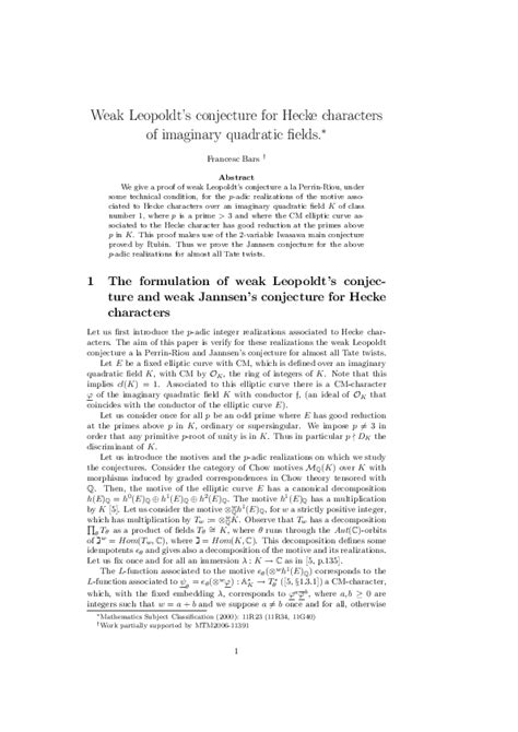 Pdf Weak Leopoldts Conjecture For Hecke Characters Of Imaginary