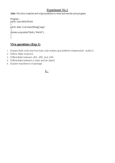 Btech Th Sem OOPs With Java Lab Experiment No Aim Use Java Compiler And Eclipse Platform To