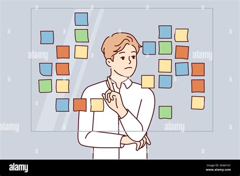 Businessman Stand Near Board Brainstorm Work With Sticky Notes Male