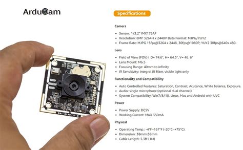 Arducam 8MP 1080P Auto Focus USB Camera Module With Microphone 1 3 2 CMOS IMX179 Mini UVC USB2