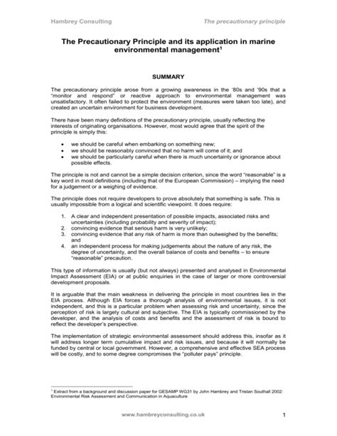 The Precautionary Principle And Its Application In