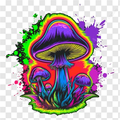 빨간색과 황금색 노란색 배경을 가진 자주색 상단 버섯의 화려한 멍청한 네온 그림 밝은 색으로 둘러싸여 있습니다 화려한 삽화