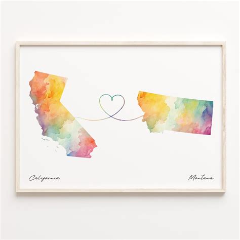 California To Montana Print Watercolor Map Poster Montanan T
