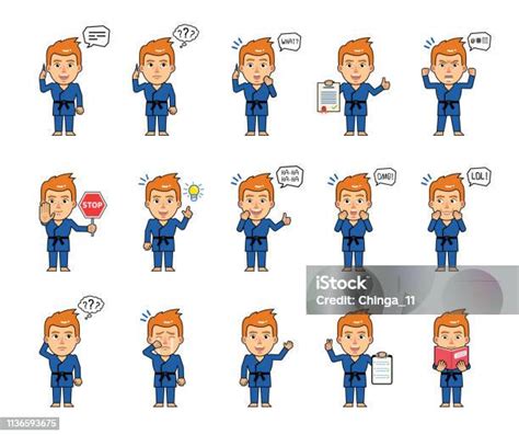 다양 한 행동 감정을 보여주는 파란 기모노의 스포츠맨 캐릭터 세트 무술 전문가 전화 통화 생각 웃 고 놀라게 하 고 다른 작업을 수행 가라테에 대한 스톡 벡터 아트 및 기타