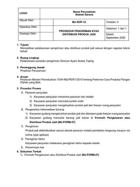Sop 12 Prosedur Pengiriman Atau Distribusi Produk Jadi Pdf