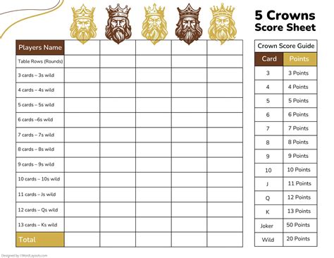 Royal Five Crowns Score Sheet Template Wordlayouts