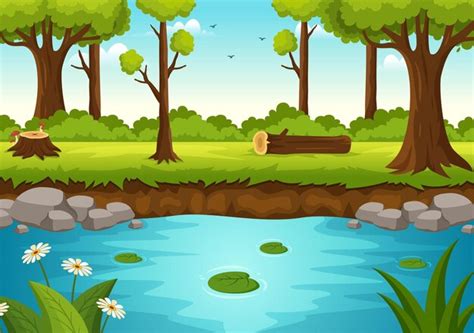 Ilustración Del Paisaje Fluvial Con Vistas A Las Montañas Y Al Bosque