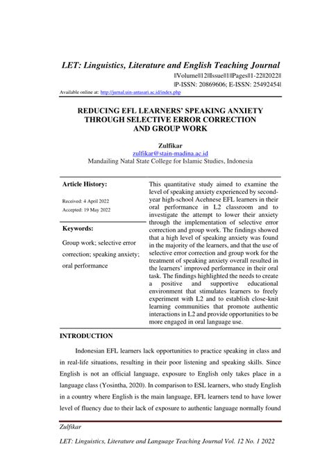 Pdf Reducing Efl Learners Speaking Anxiety Through Selective Error