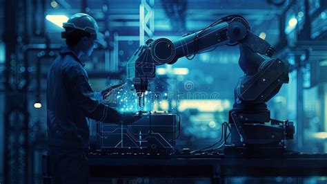 Engineer Holding Tablet And Controlling Robotic Arm And Robotic Tool