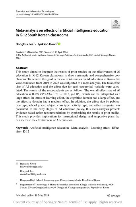 Meta Analysis On Effects Of Artificial Intelligence Education In K 12