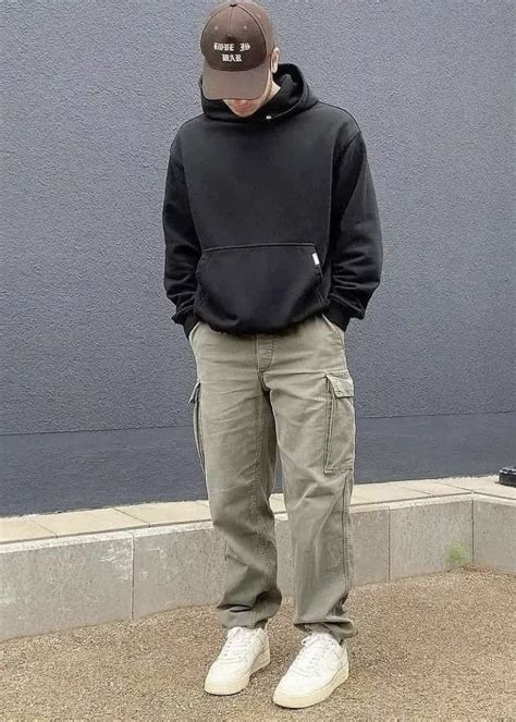 Cargo Outfit Men Street Styles Khaki Techwear Hoodie For Streetwear