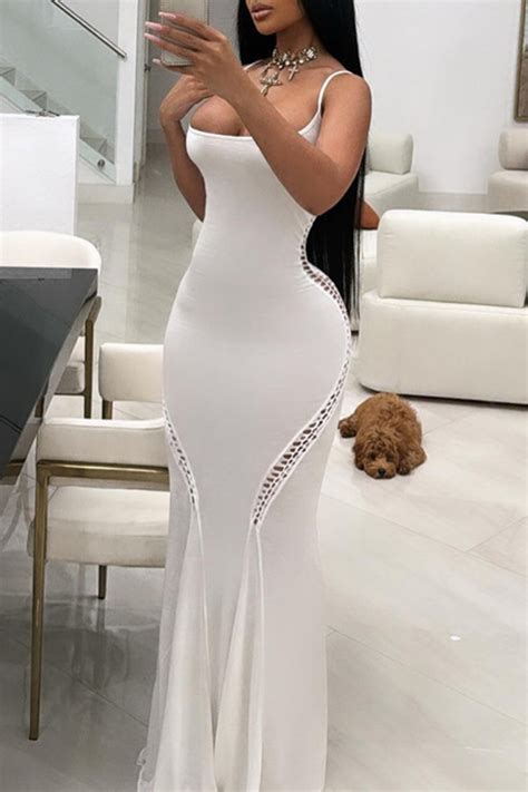 Wholesale Sexy Solid Hollowed Out Backless Spaghetti Strap Long Dresses