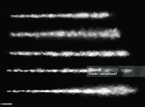 연기 꼬리 현실적인 흰 연기 비행기 트랙 비행기 플라이 제트기 트레일 스피드 클라우드 트레일 제트 또는 로켓 증기 증기 트랙 벡터 격리 세트 개념에 대한 스톡 벡터 아트 및