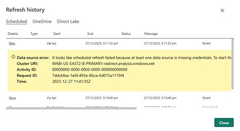 solved scheduled refresh failed because at least one data