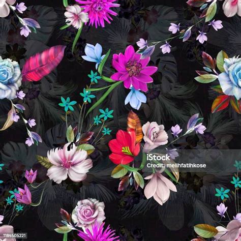 이국적인 꽃 야자수 잎 정글 잎 히비스커스 낙원의 새와 열대 원활한 패턴 배경 0명에 대한 스톡 벡터 아트 및 기타 이미지