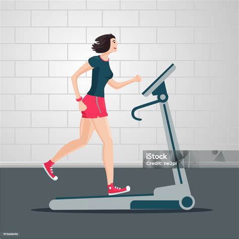 Ilustración De Joven Mujer Corre En Una Caminadora Ejercicio Interior