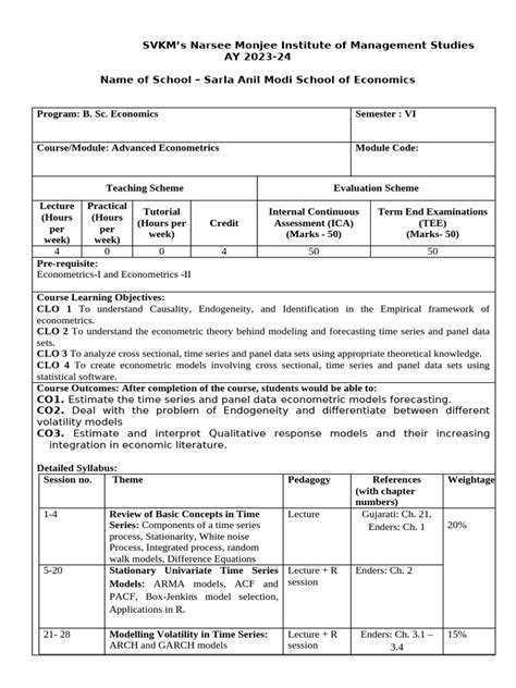 Course Outlineadvanced Econometricssemvi 23 24 Pdf Time Series Econometrics