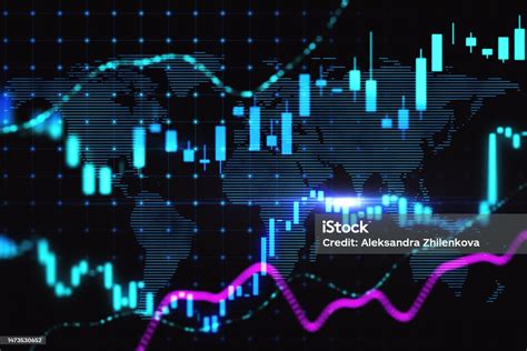 글로벌 주식 시장과 투자 개념 빛나는 디지털 금융 차트 촛대와 어두운 세계 지도 배경의 다이어그램 3d 렌더링 0명에 대한 스톡 사진 및 기타 이미지 Istock