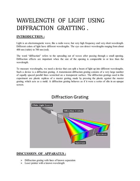 Wavelength Of Light Using Diffraction Gratting Docx Physics Science