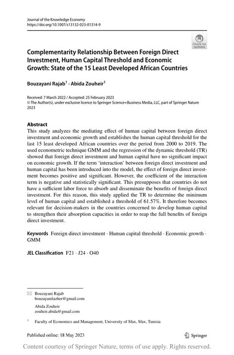 Complementarity Relationship Between Foreign Direct Investment Human