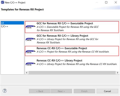 Select Renesas CC RX C C Executable Project Or GCC For Renesas RX C C Executable Project