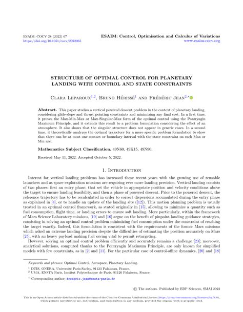 Pdf Structure Of Optimal Control For Planetary Landing With Control And State Constraints