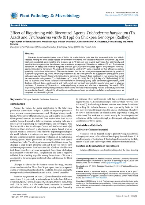 Pdf Effect Of Biopriming With Biocontrol Agents Trichoderma Harzianum Th Azad And